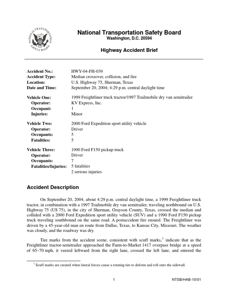 National Transportation Safety Board: Highway Accident Brief | Download ...