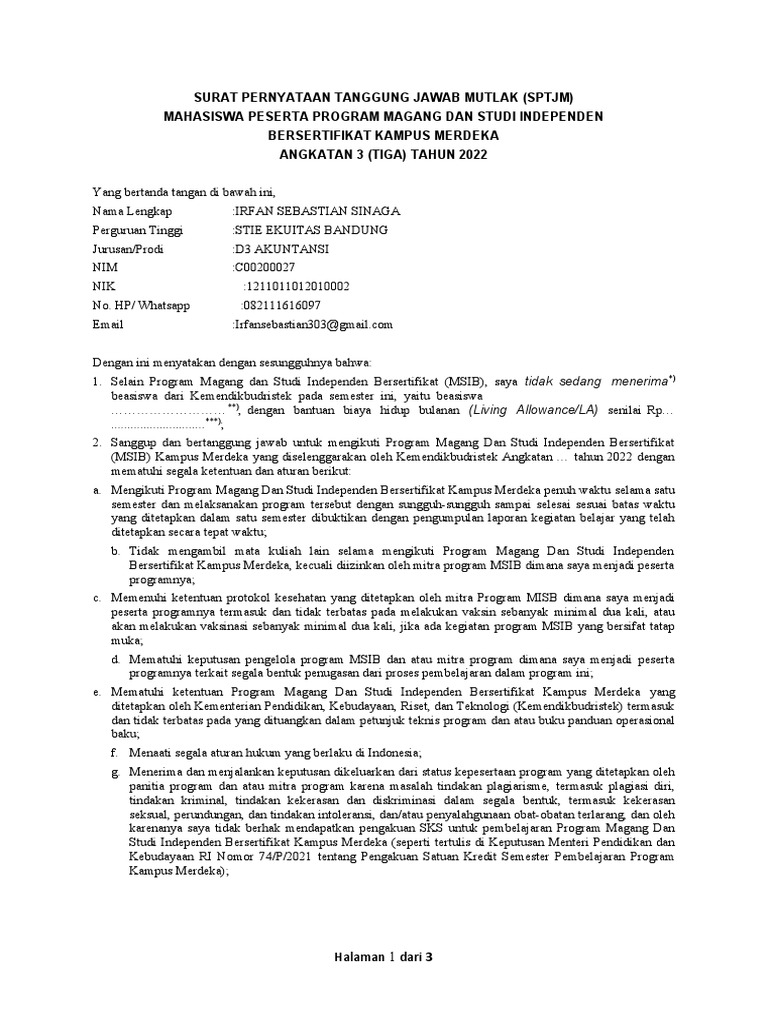 SPTJM Mahasiswa MSIB (Emmanuella) | PDF