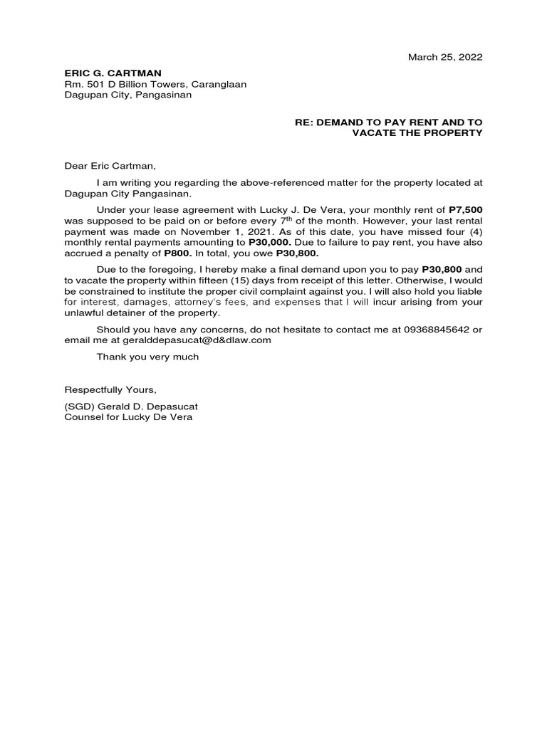 Demand Letter Preparatory To An Ejectment Case | PDF