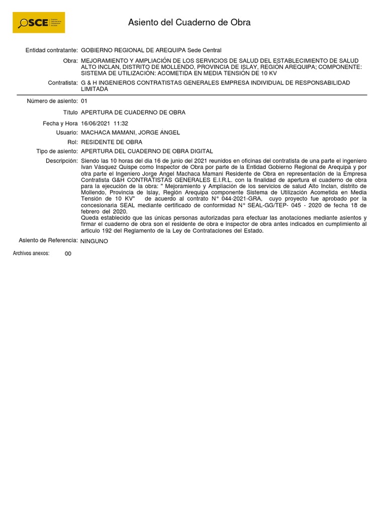 Residente - Apertura de Cuaderno de Obra | PDF