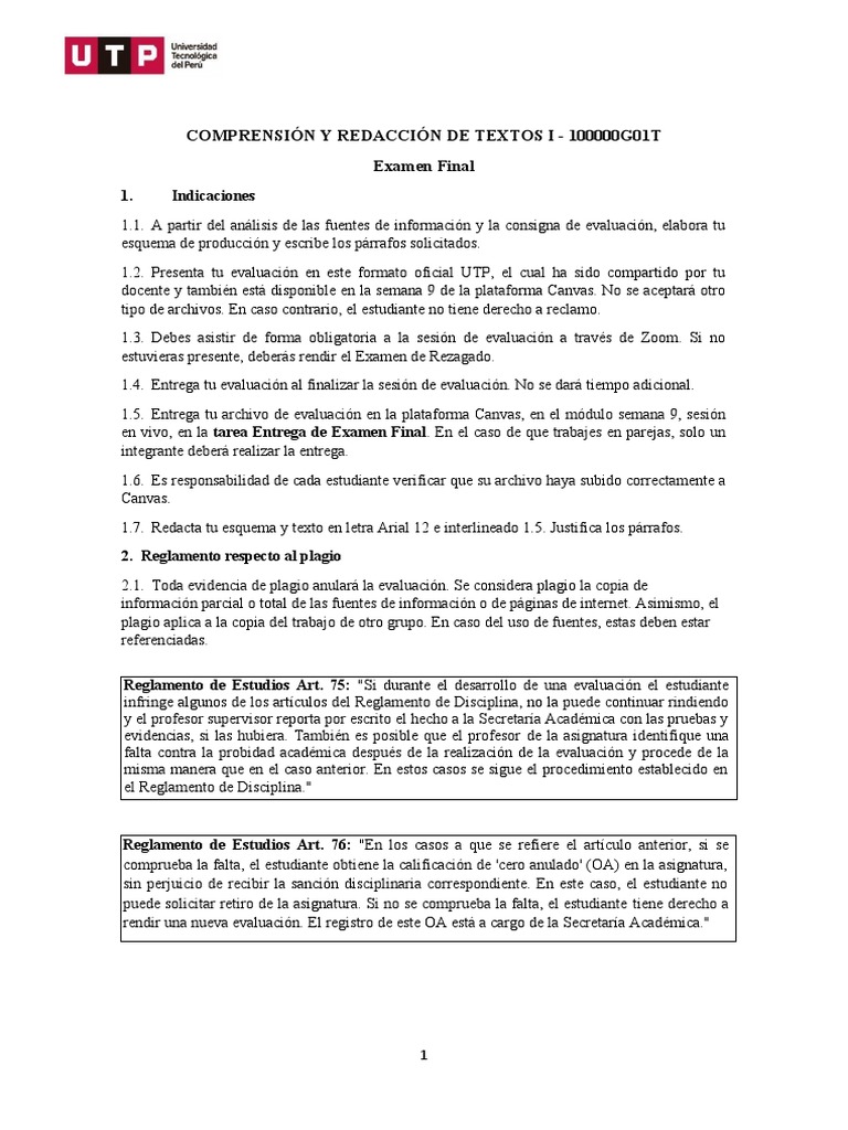 Formato UTP - Examen Final - Agosto 2021 | PDF | Oración (Lingüística ...