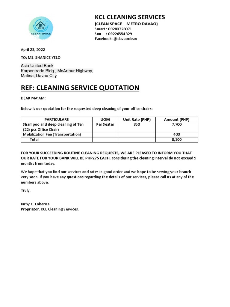 Ref: Cleaning Service Quotation | PDF