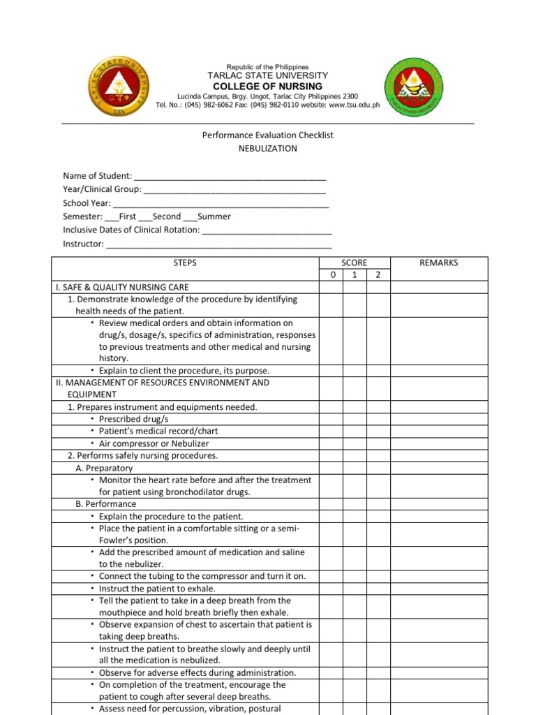 Procedure Checklist On Nebulization | PDF | Patient | Nursing