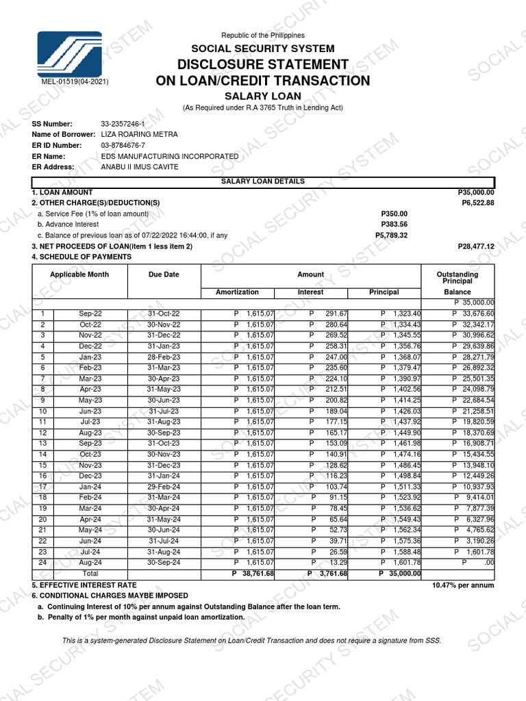 Disclosure Statement On Loan/Credit Transaction: Social Security System ...