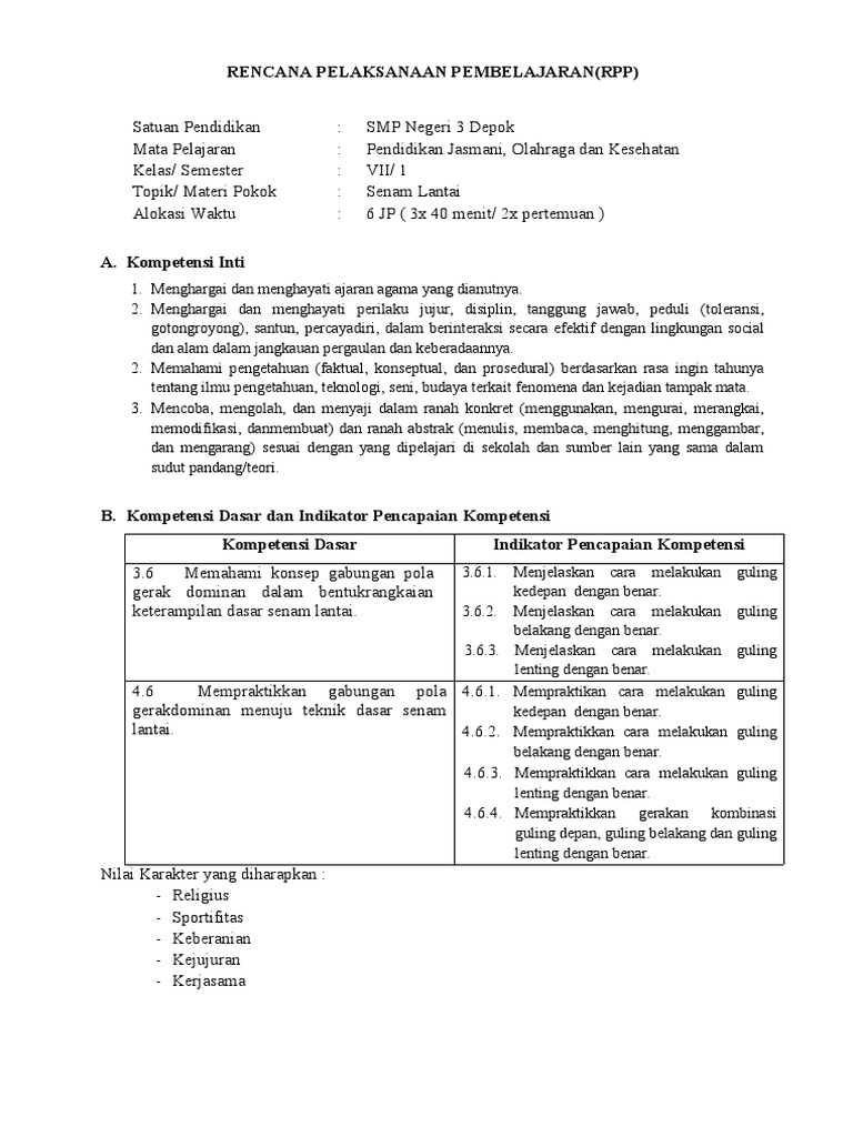 RPP Senam Lantai Kelas 7 Sem 1 Workshoop | PDF