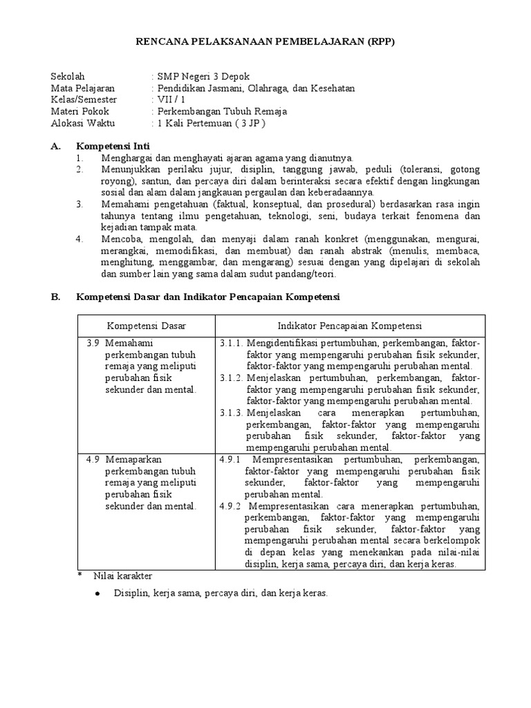 RPP Perkembangan Tubuh Remaja Sem 1 | PDF