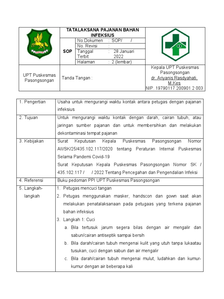 SOP Tatalaksana Pajanan Bahan Infeksius | PDF