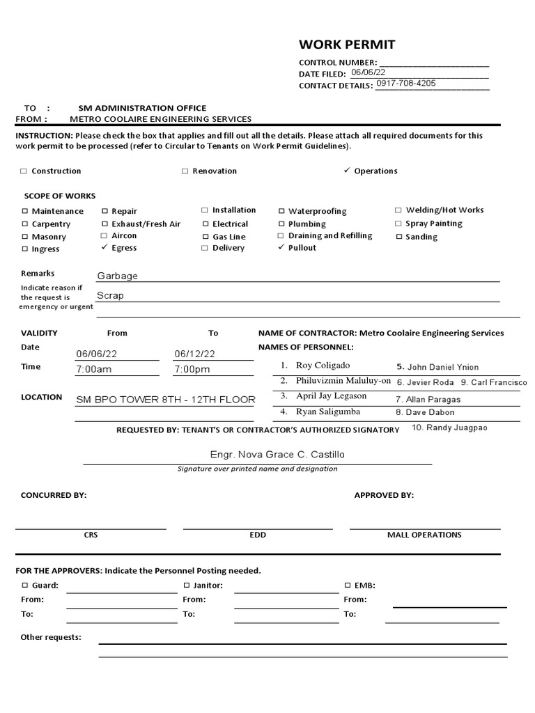 SM Work Permit Form Pull Out | PDF | Mechanical Engineering | Materials