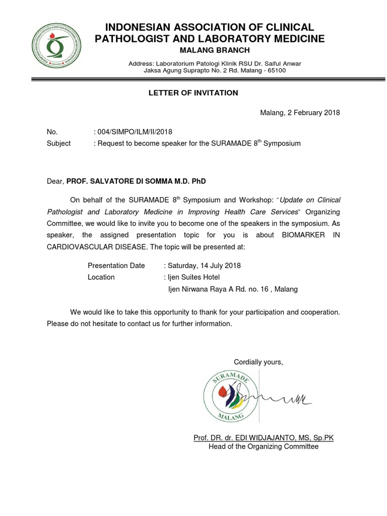 Letter of Invitation - Prof Disomma | PDF | Pathology | Medical Specialties