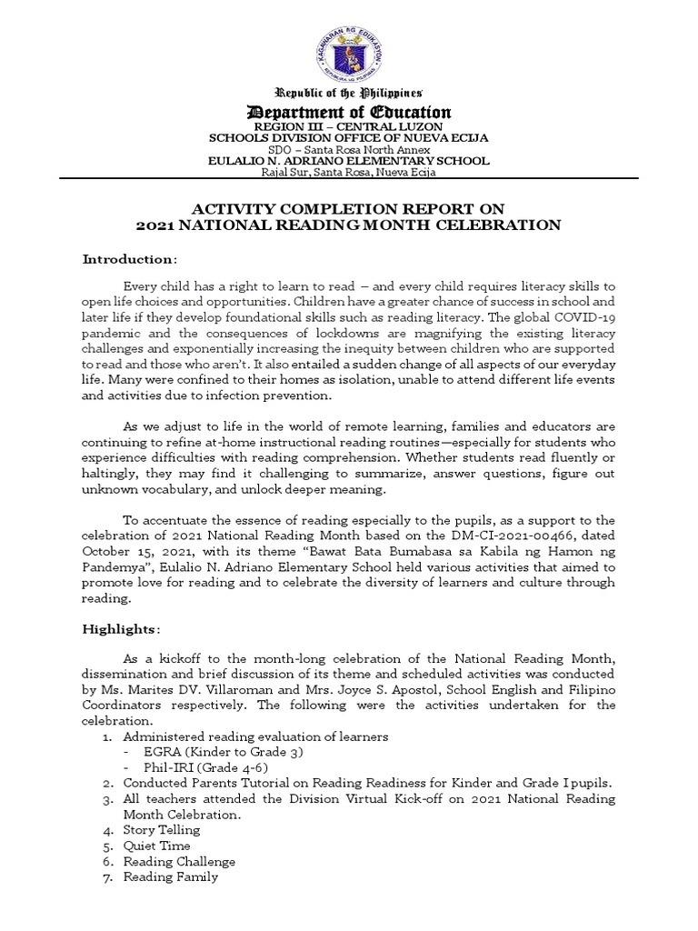 ENAES - National Reading Month Activity Completion Report | PDF ...