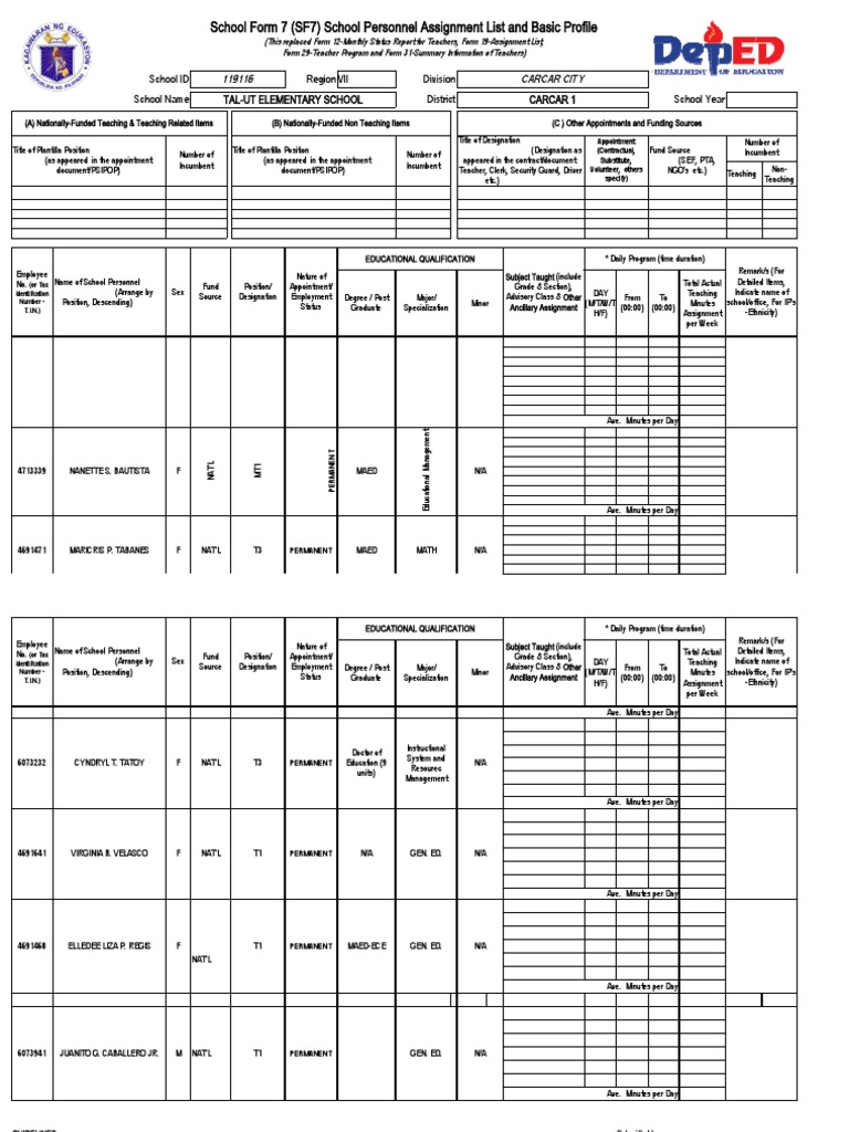 School Form 7 (SF7) School Personnel Assignment List and Basic Profile ...