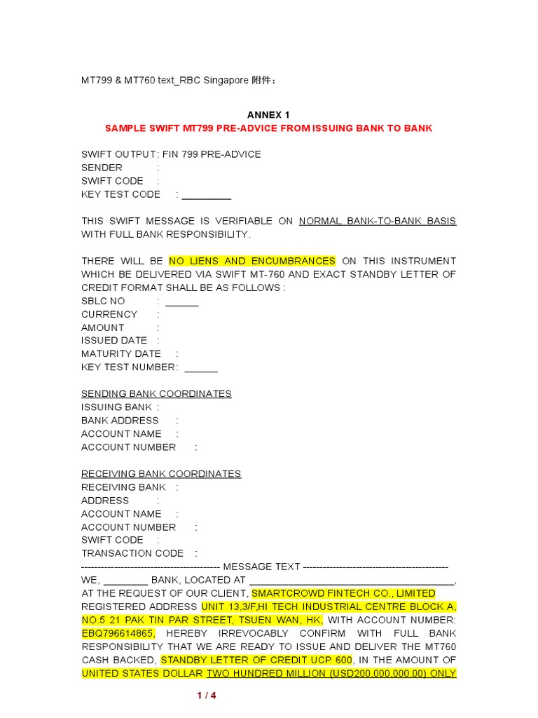 Edited MT799 & MT760 Text - RBC Singapore | PDF | Letter Of Credit ...