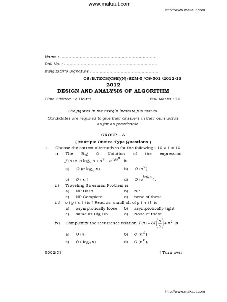 Btech Cse 5 Sem Design and Analysis of Algorithm 2012 | PDF | Time Complexity | Dynamic Programming