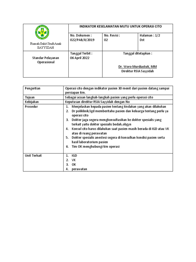 Sop Indikator Keselamatan Mutu Untuk Operasi Cito | PDF