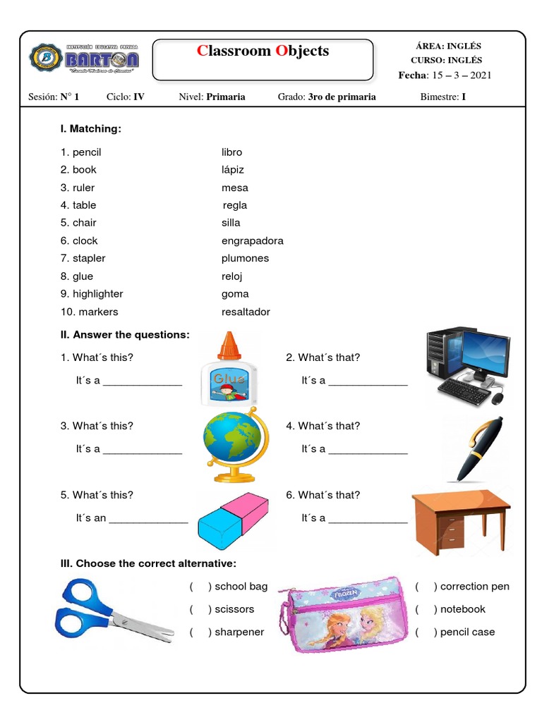 Exercise 1 Classroom Objects 3 Grade | PDF | Artes del Lenguaje y ...