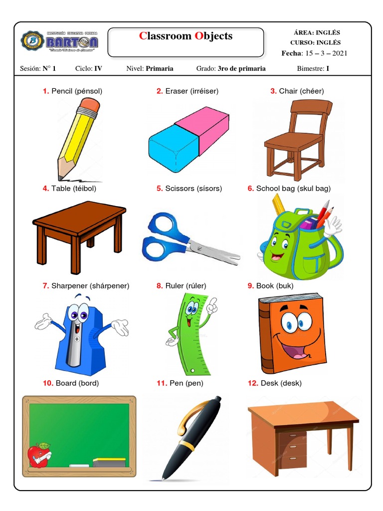 Lesson 1 Classroom Objects 3 Grade | PDF