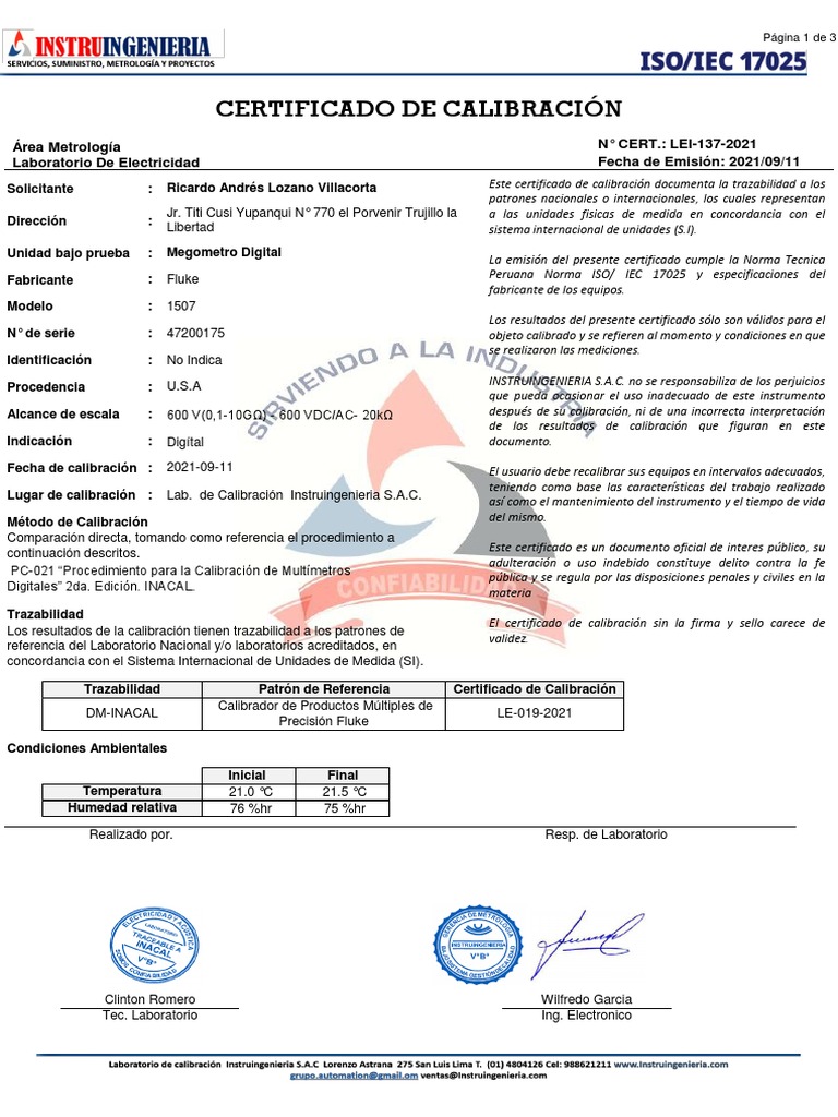 Cert Megometro Fluke 1507 | PDF | Calibración | Metrología