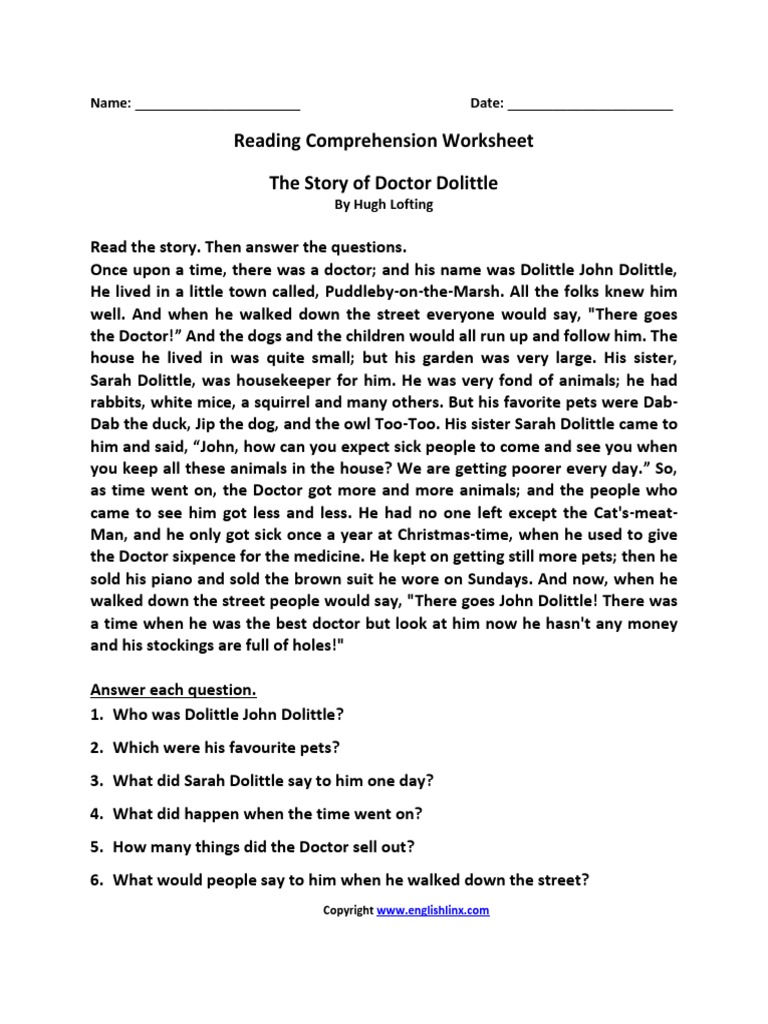 Reading Comprehension Worksheet The Story of Doctor Dolittle | PDF ...
