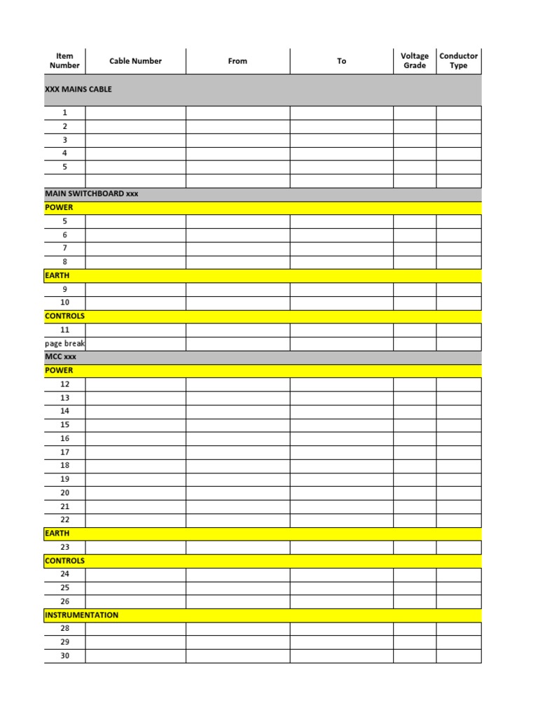 Cable Number From To XXX Mains Cable Item Number Voltage Grade ...