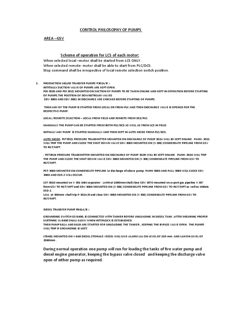 CONTROL PHILOSOPHY OF PUMPS. | PDF | Pump | Valve