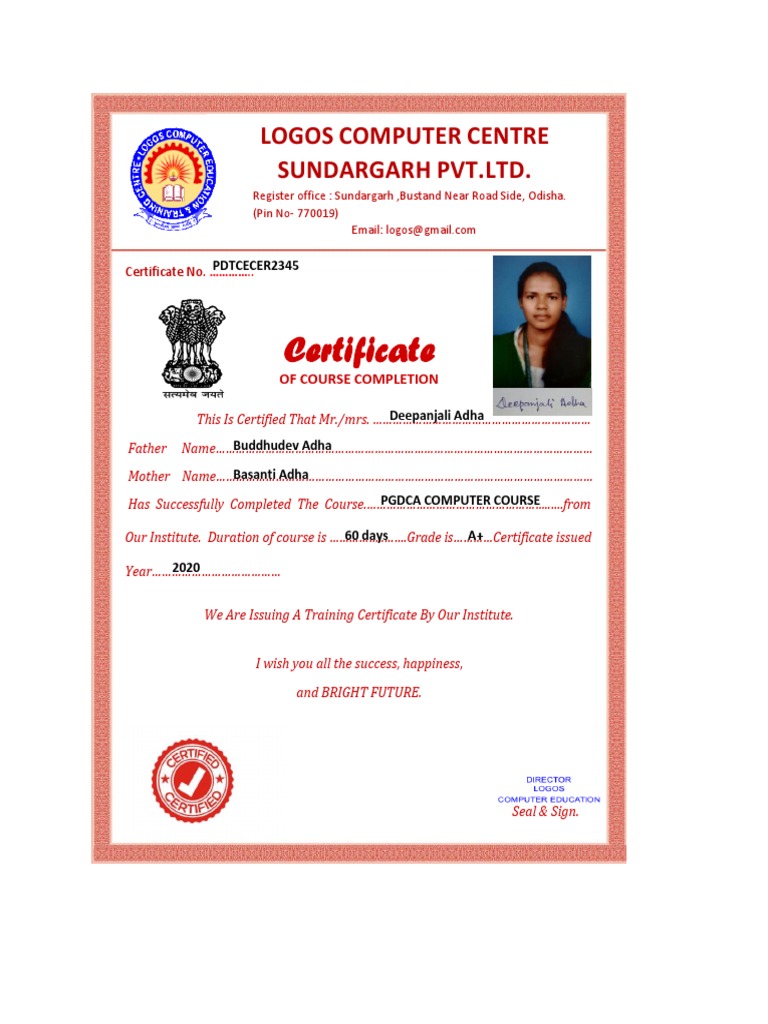 Certificate: Logos Computer Centre Sundargarh PVT - LTD | PDF