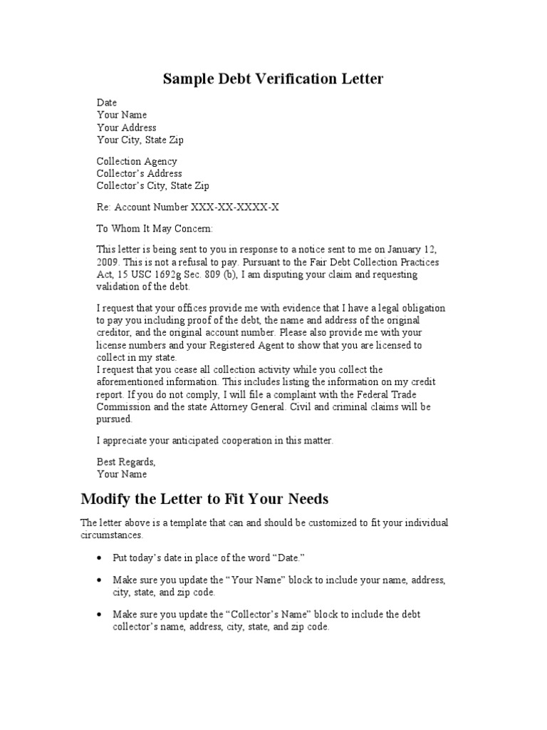 Sample Debt Verification Letter | PDF | Collection Agency | Lawsuit
