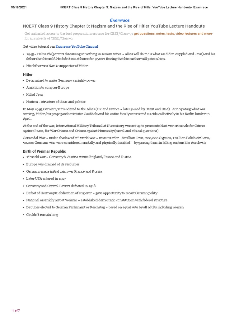 Ncert Class 9 History Chapter 3: Nazism and The Rise of Hitler Youtube ...