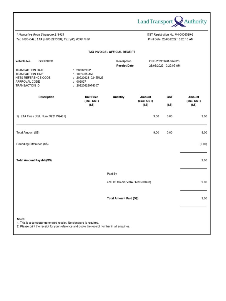 1 Hampshire Road Singapore 219428 Tel: 1800-CALL LTA (1800-2255582) Fax ...