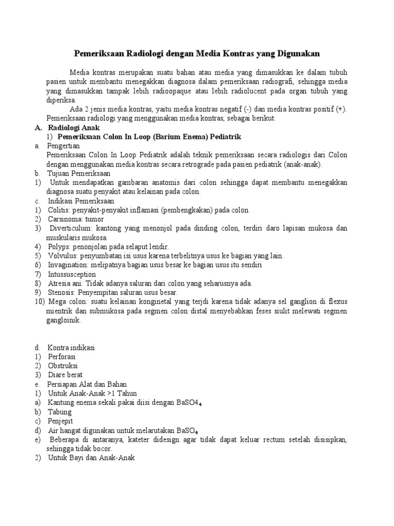 Pemeriksaan Radiologi Dengan Media Kontras Yang Digunakan | PDF | Ilmu ...
