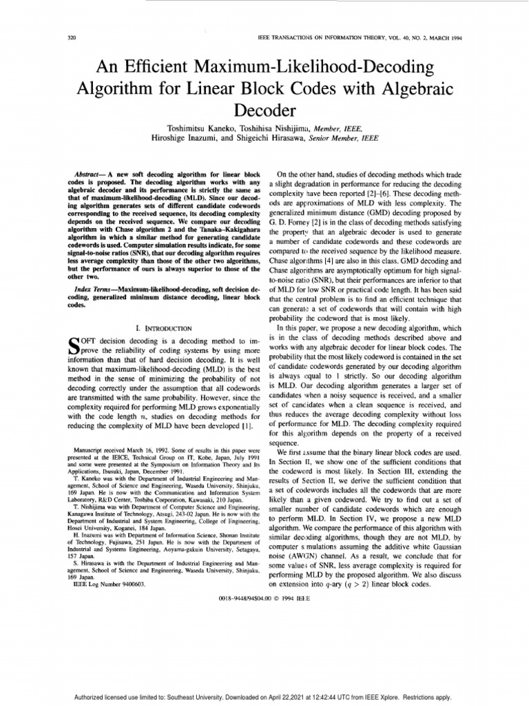 An Effiective MLD Algorithm For Linear Block Codes With Algebraic Decoder | PDF | Statistical ...