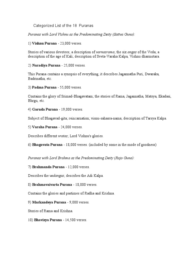 Categorized List of The 18 Puranas | PDF