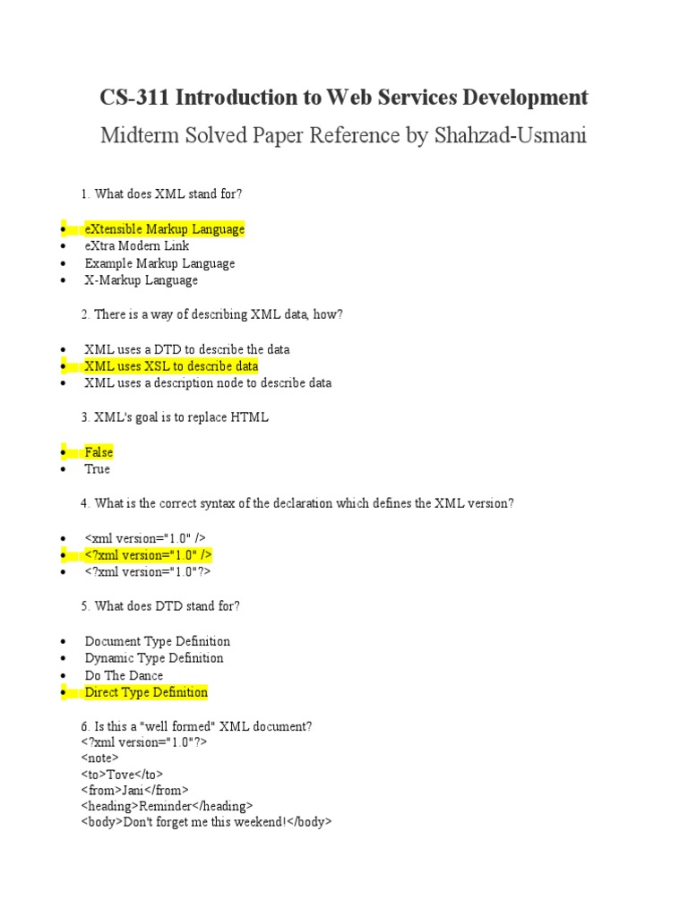 CS311 Midterm Sloved Paper | PDF | Xml | Html Element