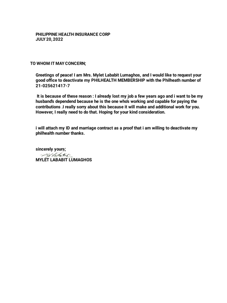 PhilHealth Deactivation Request | PDF