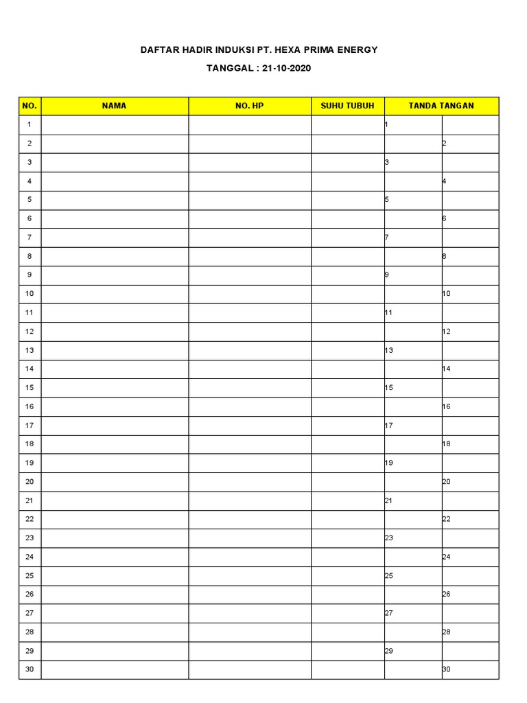 Daftar Hadir Induksi Pt. Hexa Prima Energy TANGGAL: 21-10-2020 | PDF