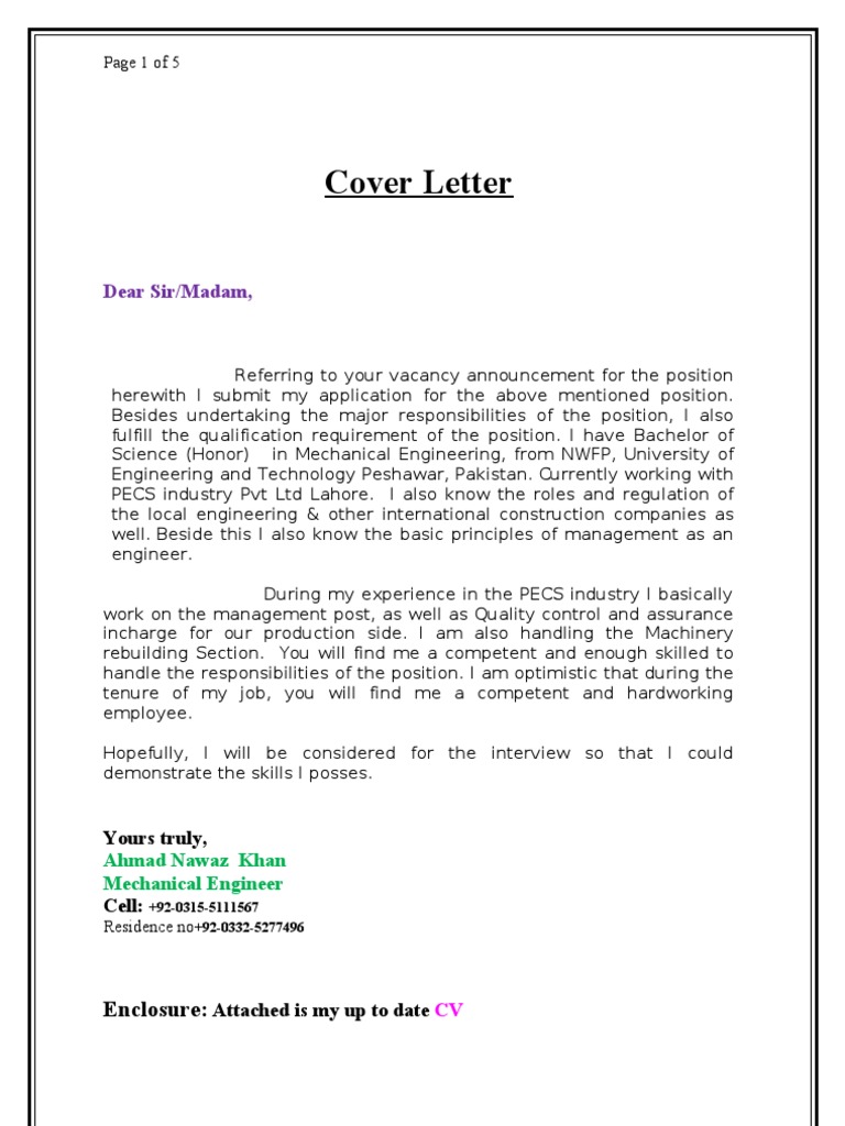 Cover Letter: Dear Sir/Madam | PDF | Pakistan | Mechanical Engineering