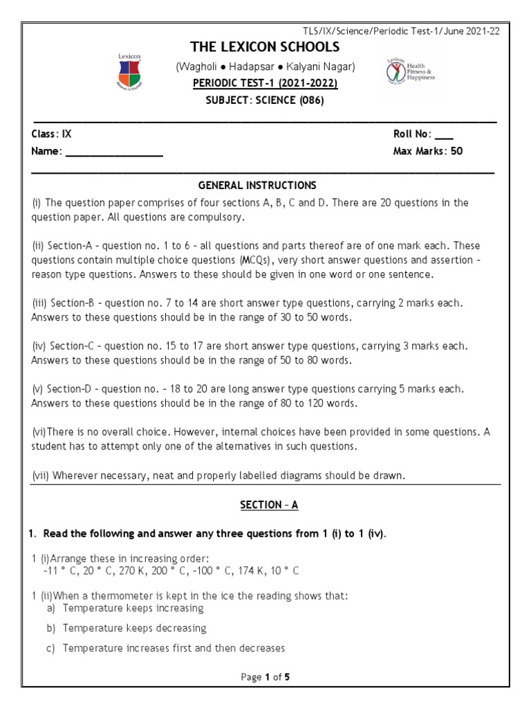 TLS/IX/Science Periodic Test 1 June 2021-22 | PDF | Cell (Biology ...
