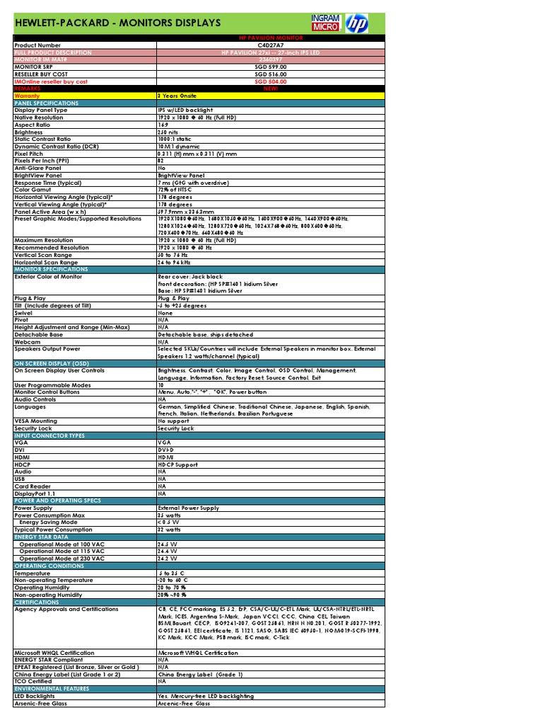 Hewlett-Packard - Monitors Displays: HP Pavilion Monitor | PDF ...