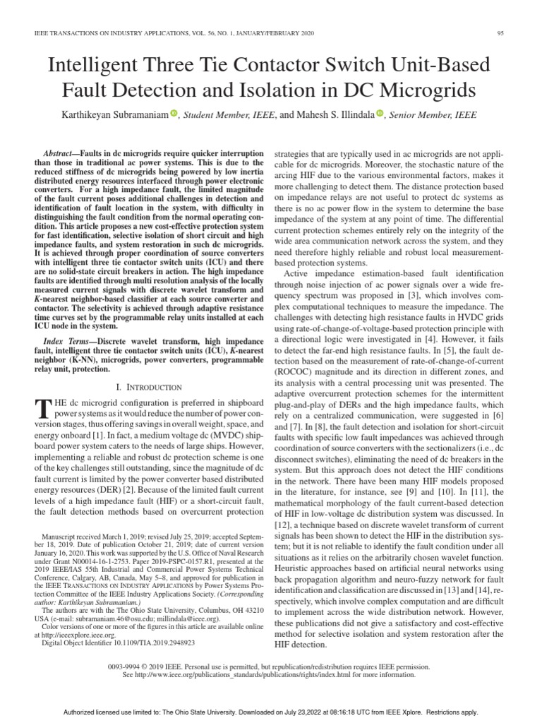 Intelligent Three Tie Contactor Switch Unit Based Fault Detection And Isolation In Dc Microgrids