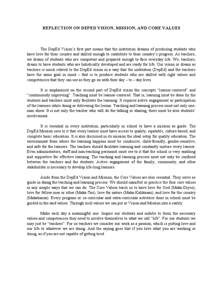 Reflection On Deped Vision | PDF | Teachers | Learning