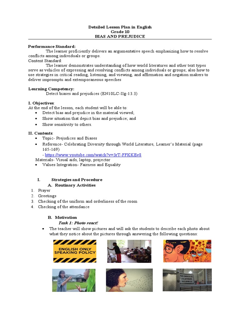 Detailed Lesson Plan in English Grade 10 Bias and Prejudice Performance ...
