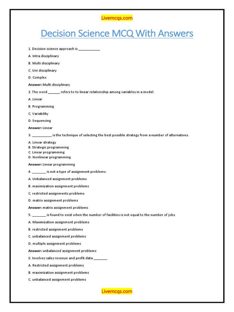 Decision Science MCQ With Answer PDF | PDF | Quantitative Research | Decision Making