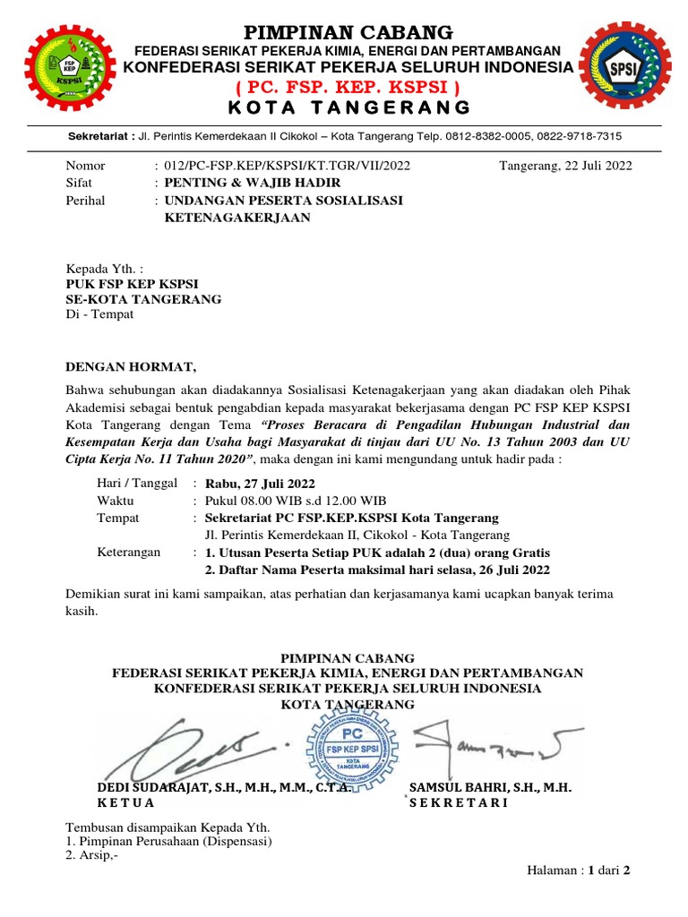 012 - Undangan Sosialisasi Ketenagakerjaan PC FSP KEP KSPSI Kota ...