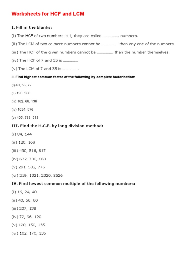 Worksheets For HCF and LCM: I. Fill in The Blanks | PDF | Division ...