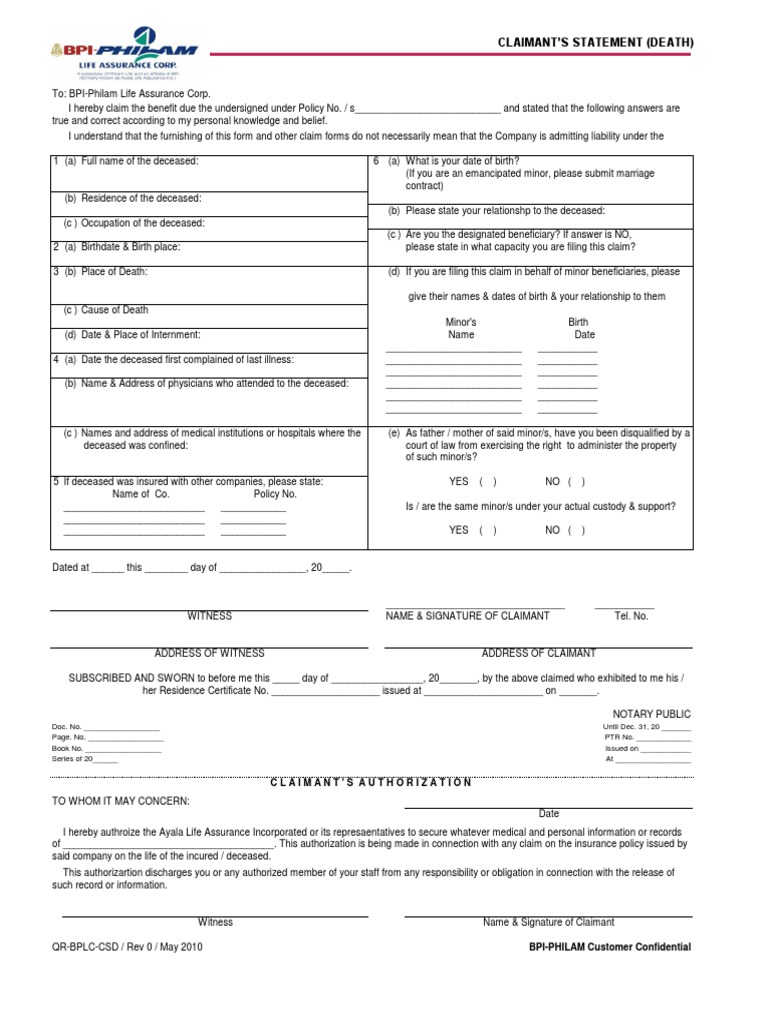 BPI - Philam Claimant's Statement | PDF | Life Insurance | Common Law