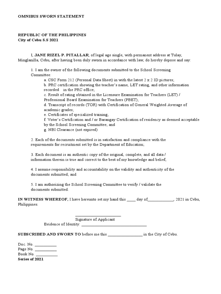 Omnibus Sworn Statement Final For Print | PDF | Affidavit