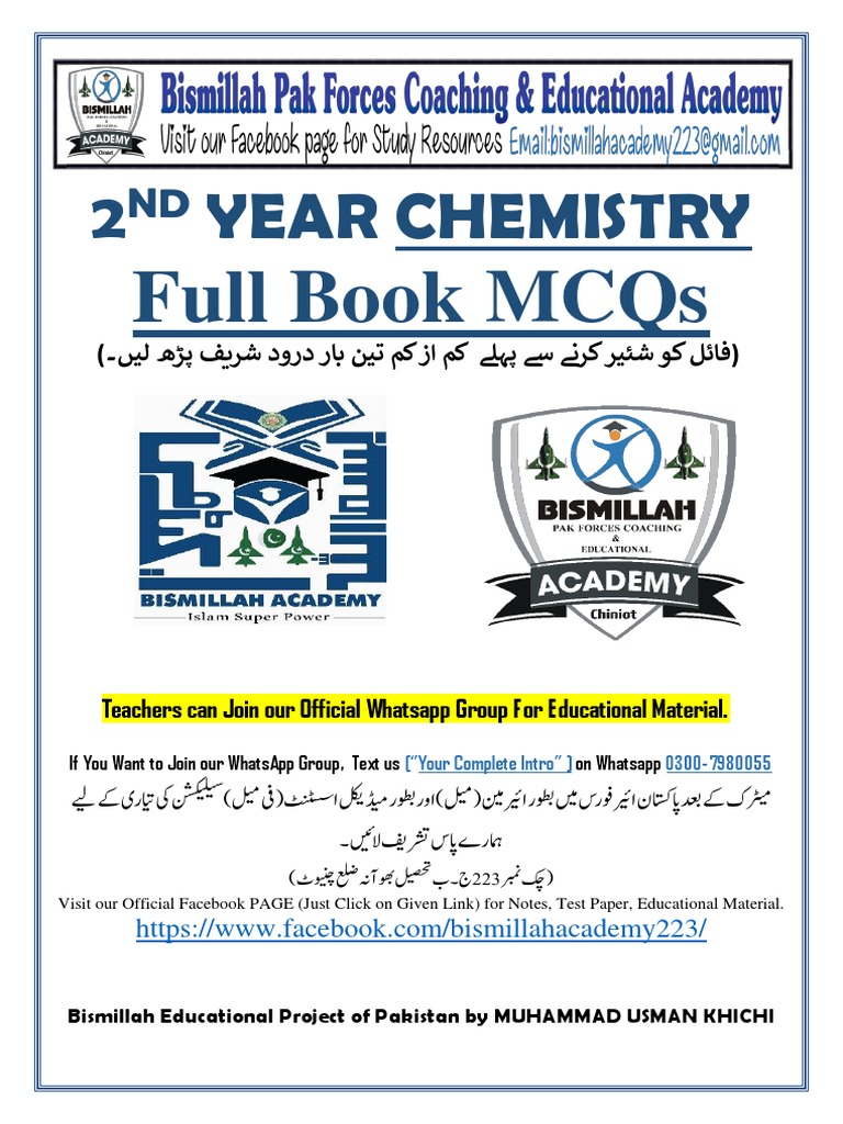 2nd Year CHEMISTRY Full Book Solved MCQs by Bismillah Academy 0300 ...