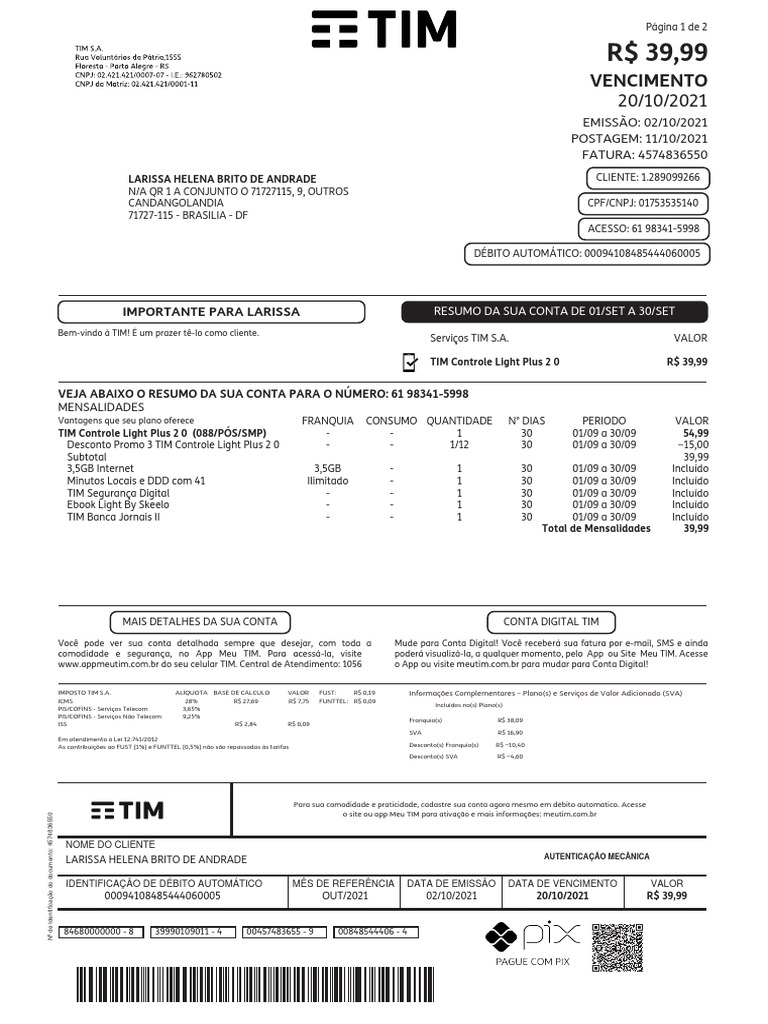 Fatura Tim | PDF | Brasil | Bancos