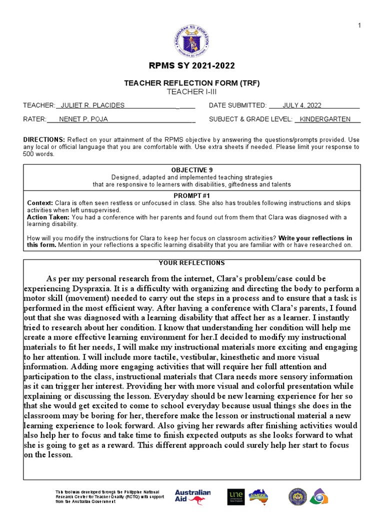 RPMS SY 2021-2022: Teacher Reflection Form (TRF) | PDF | Learning | Learning Disability