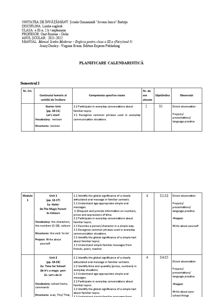 Planificare Calendaristica Clasa A 3-A | Download Free PDF ...