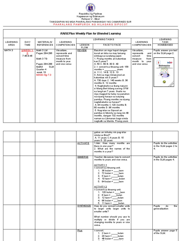 Raiseplus Weekly Plan For Blended Learning: Paaralang Pampurok NG Hilagang Sipocot | PDF